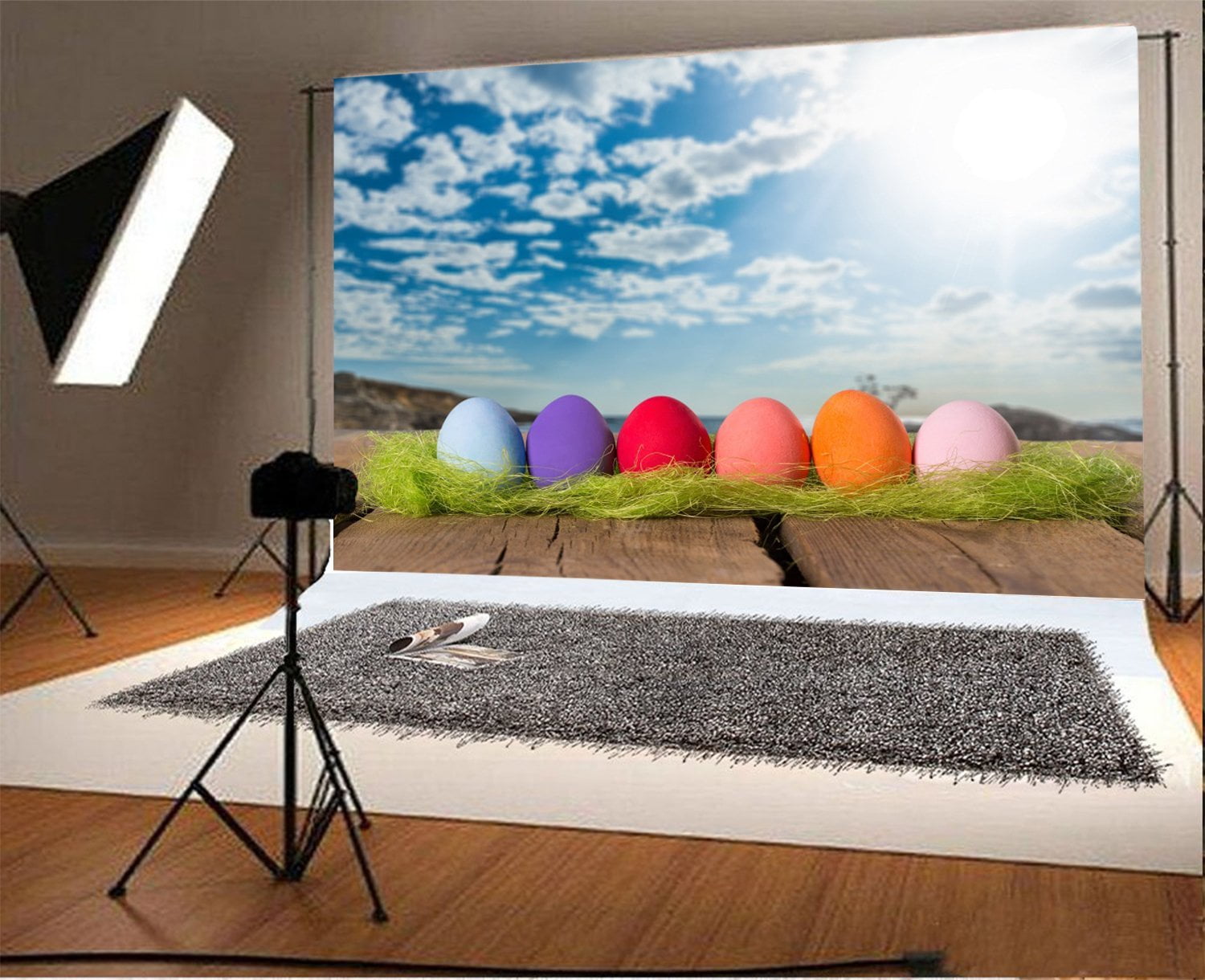 HelloDecor 7x5ft Happy Easter Eggs Backdrop Blue Sky White Cloud ...