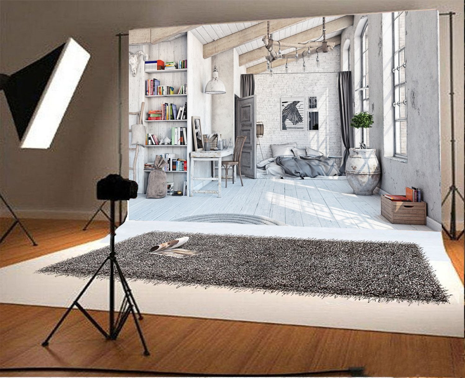 HelloDecor 7x5ft Interior Living Room Backdrop Bed Bookshelf Desk Chair ...