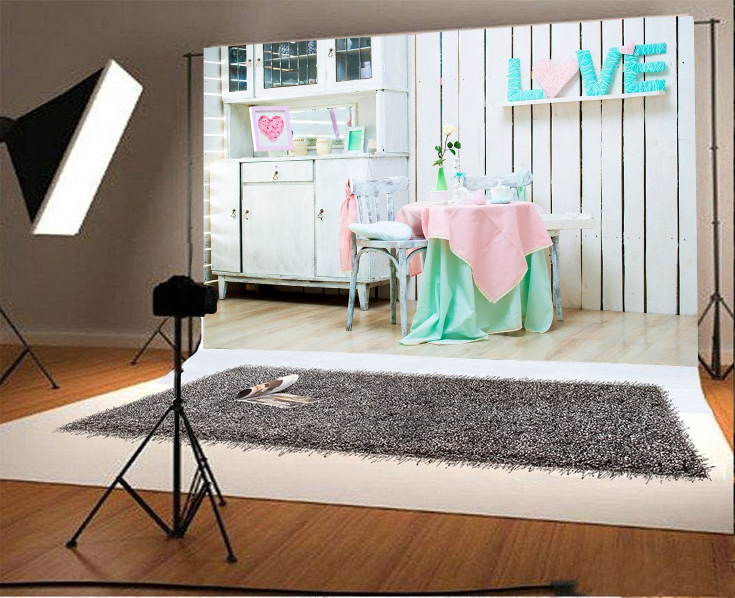 HelloDecor 7x5ft Love Living Room Backdrop Table Chair White Cabinet ...