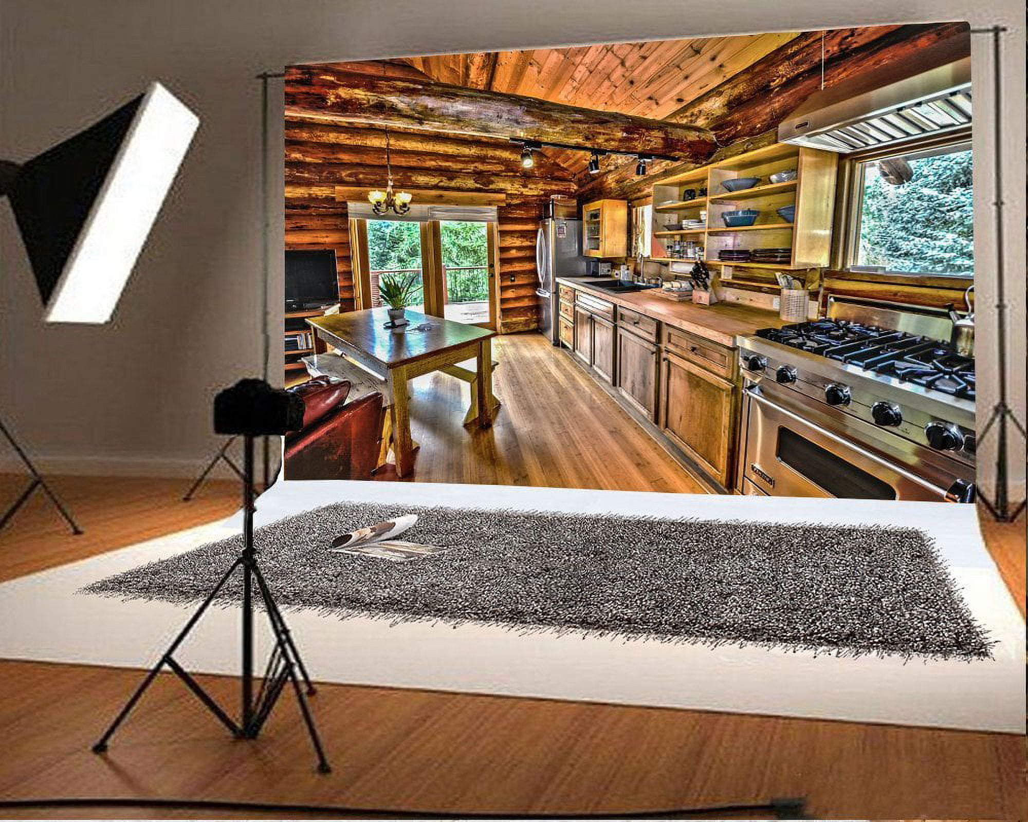 HelloDecor 7x5ft Photography Backdrop Interior Log Cabin Kitchen Stage ...