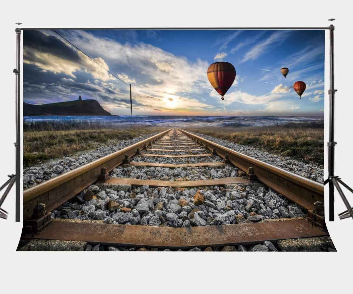 HelloDecor 7x5ft Railway Track Backdrop Hot Air Balloons Cloudy Sunset ...