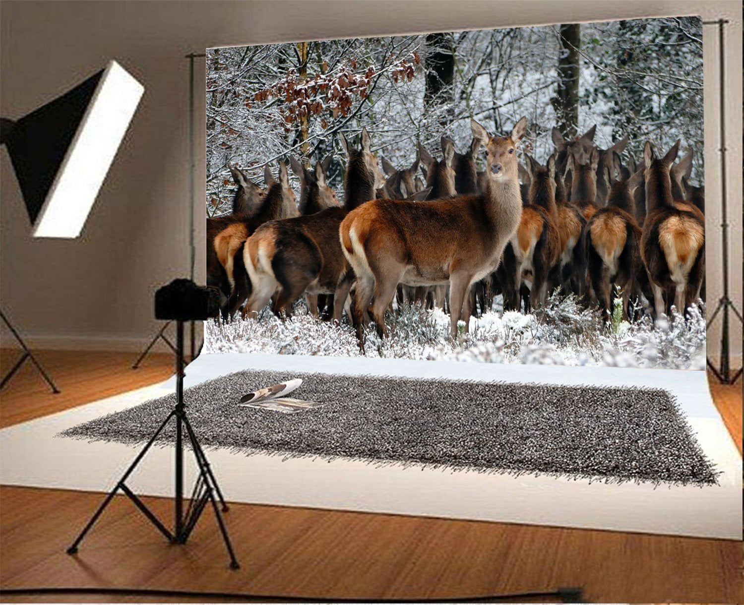 HelloDecor 7x5ft Reindeer Backdrop Christmas Forest Trees Snow Covered ...