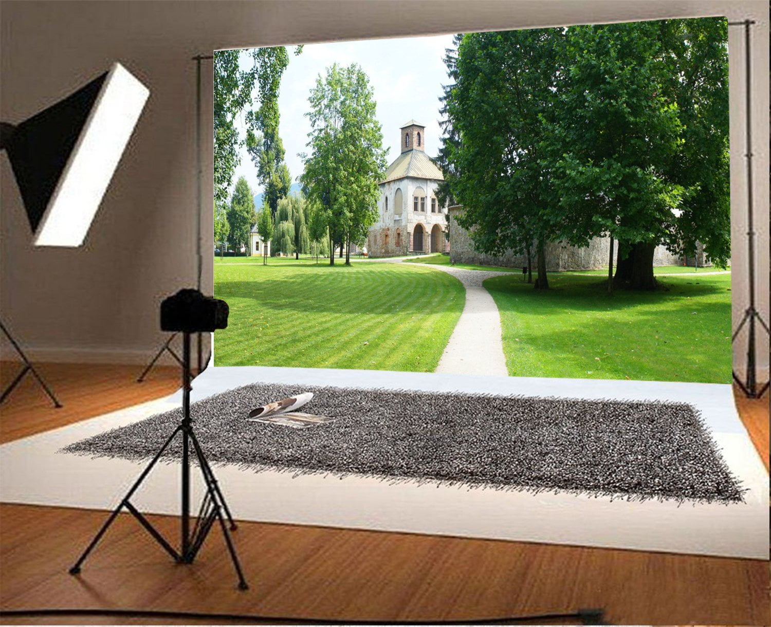 HelloDecor 7x5ft Spring Backdrop Castle Green Trees Grass Lawn Sunshine ...