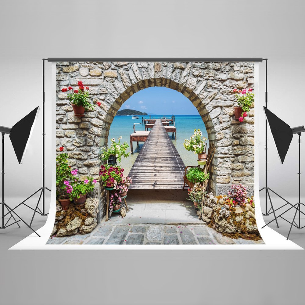 HelloDecor 7x5ft Summer Photography Backdrops Wood Bridge Blue Beach ...
