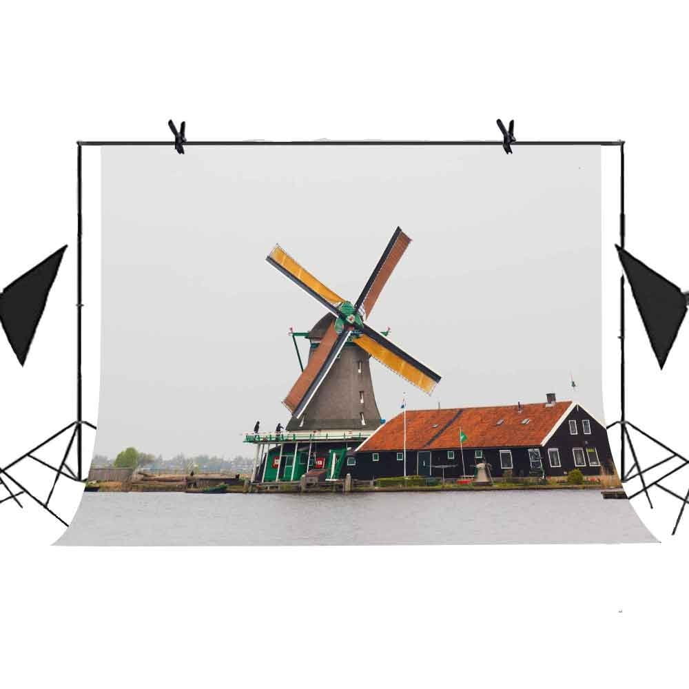 HelloDecor 7x5ft Windmill Photography Backdrop Windmill House River ...