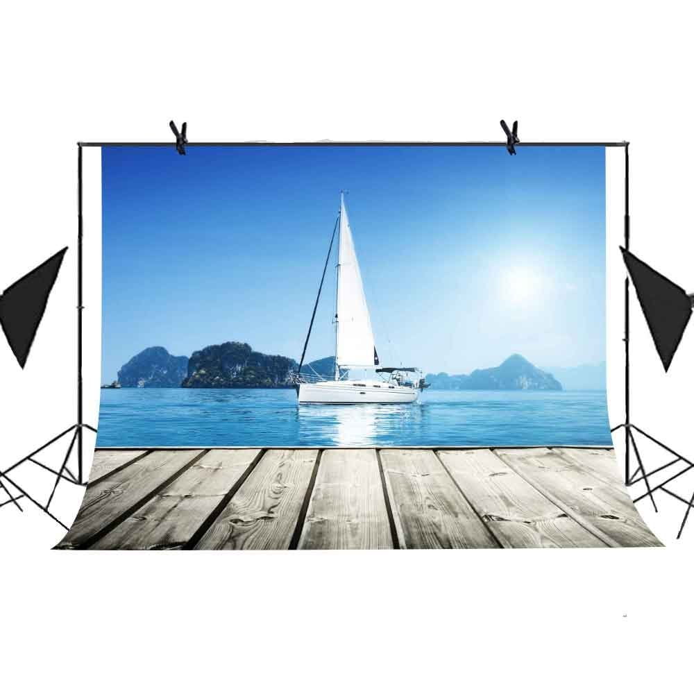 HelloDecor Blue Backdrop 7x5ft Scenery Sailboat Sea Hill Wood Floor ...