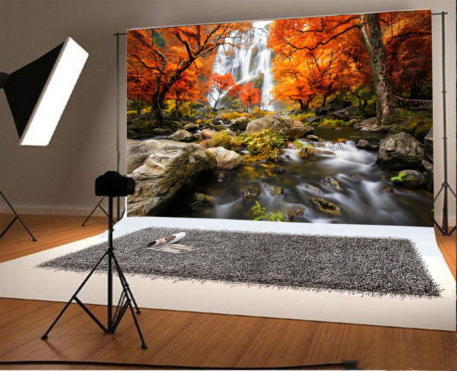 HelloDecor Forest Waterfall Backdrop 7x5ft Photography Background Stream Rocks Plants Autum Fall ...