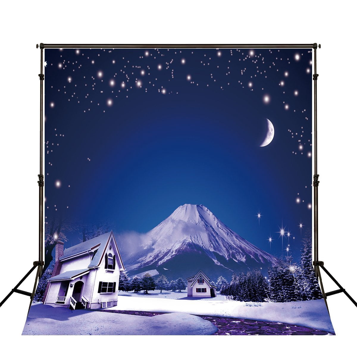 HelloDecor Fuji Night Snow Scene Photography Backdrops Curved Moon with ...