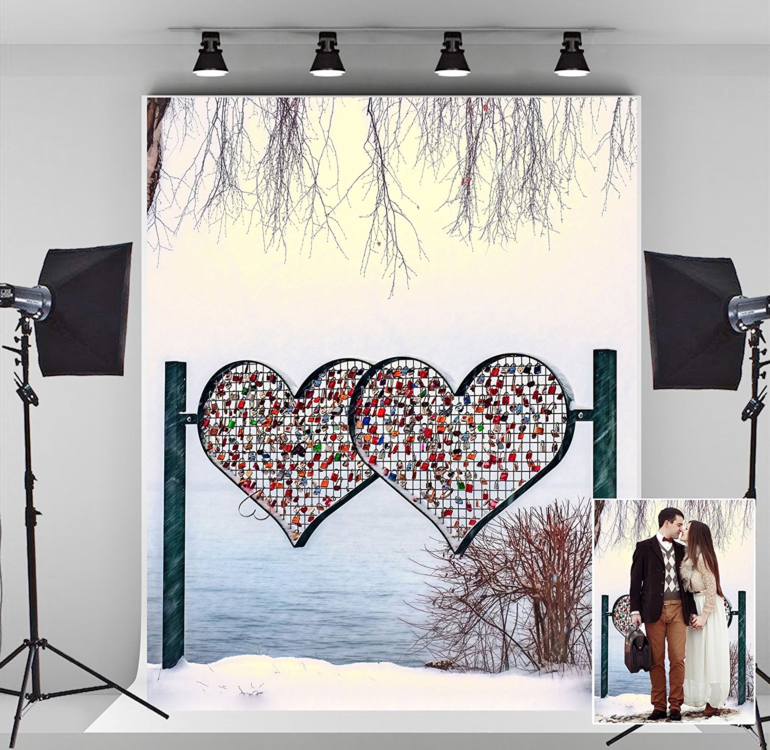 HelloDecor White Snow and Lake with Sweet Hearts BackDrop Valentine's ...