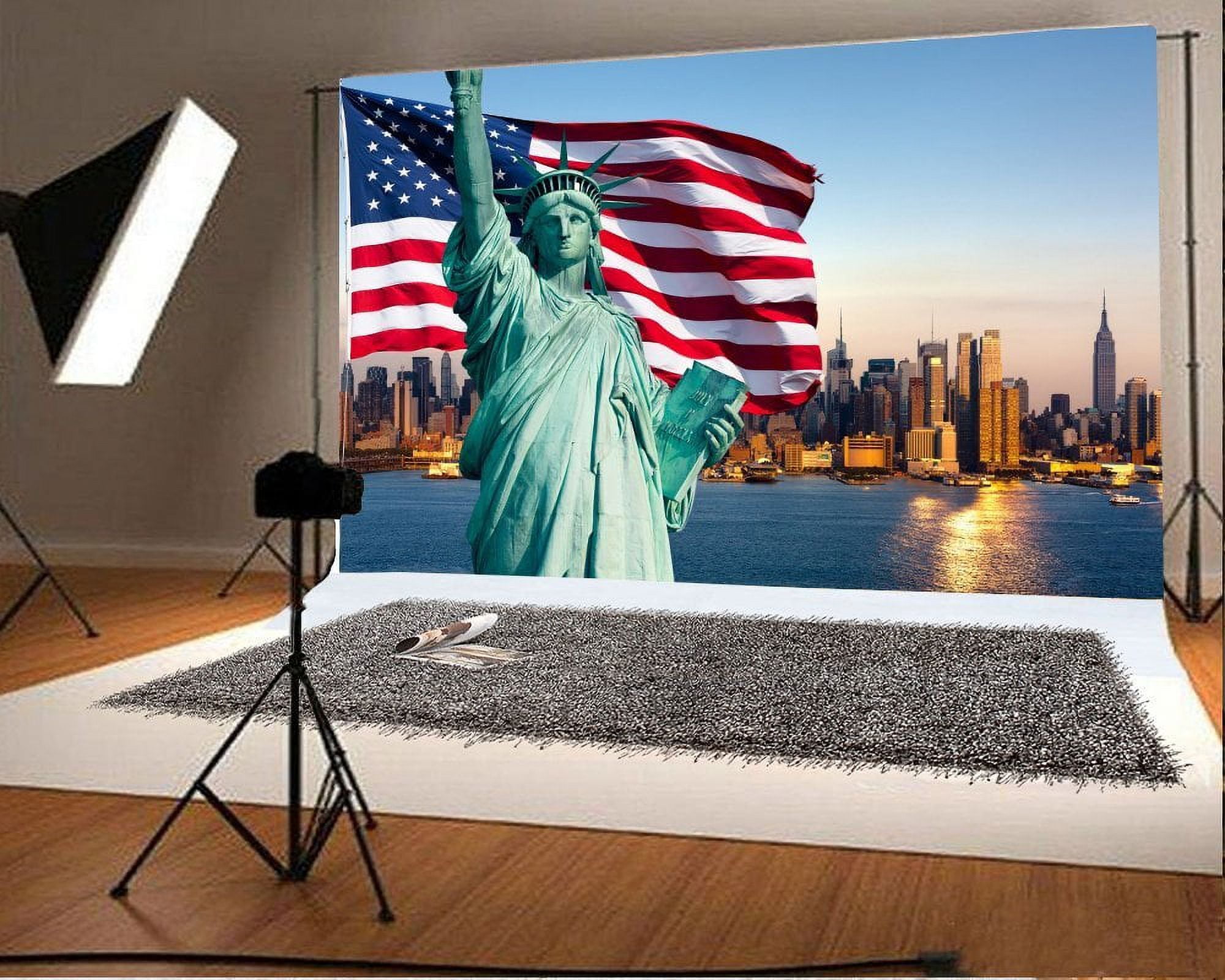HelloDecor the Statue of Liberty Sculpture Backdrop 7x5ft American Flag ...