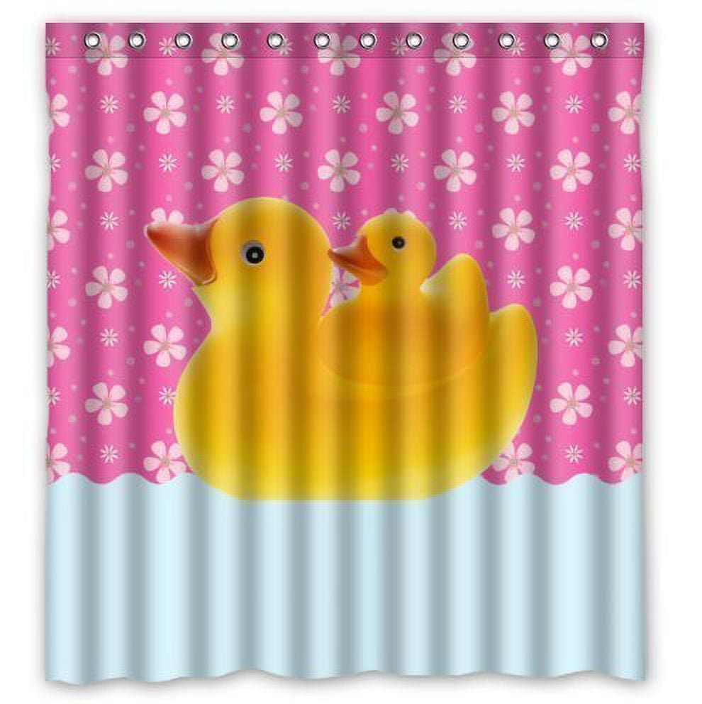 Hellodecor Pink Background Pink Flower With Rubber Ducks Shower Curtain
