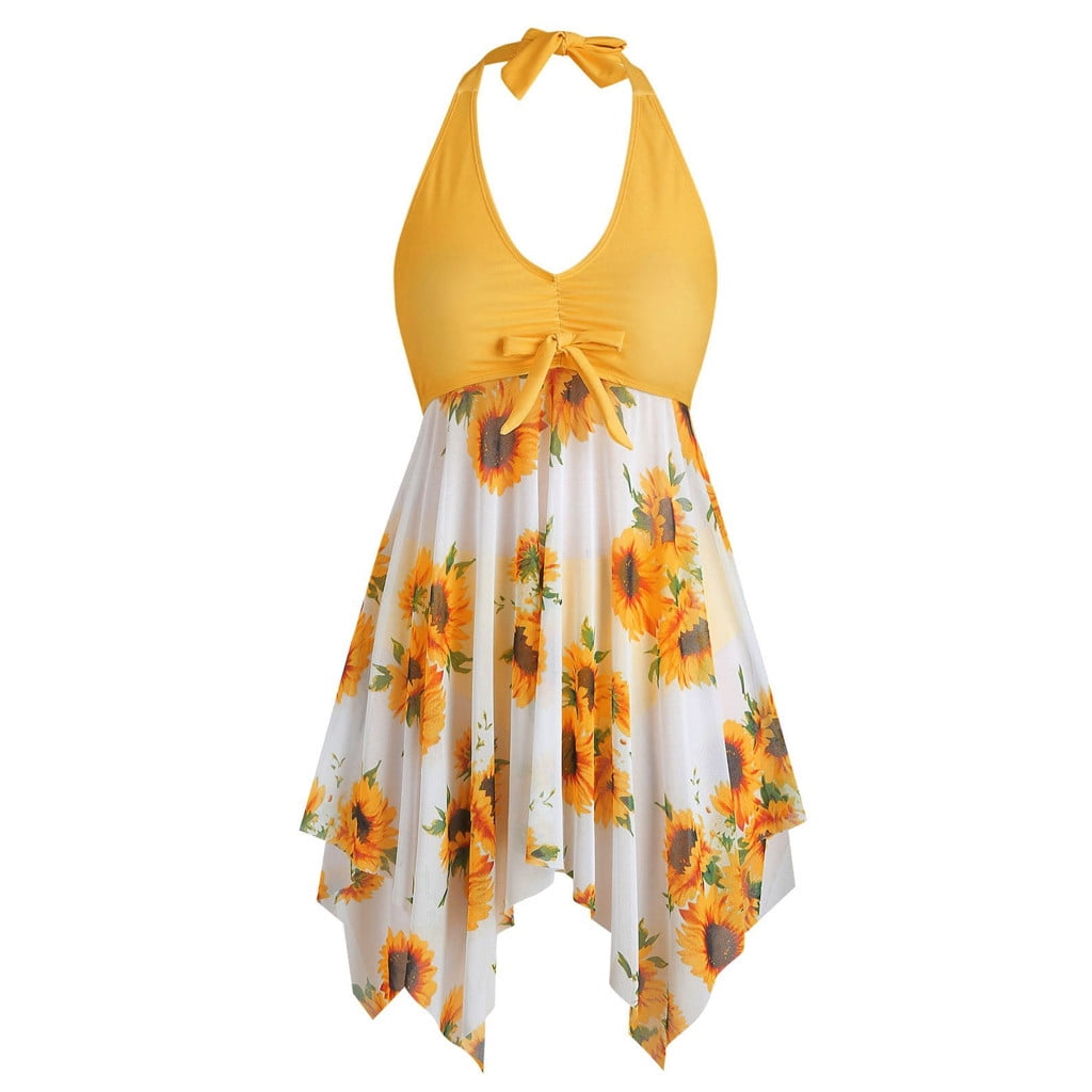 HellobyePlus Size 2PC Plus Size Fashion Women Sunflower Bowknot Halter ...