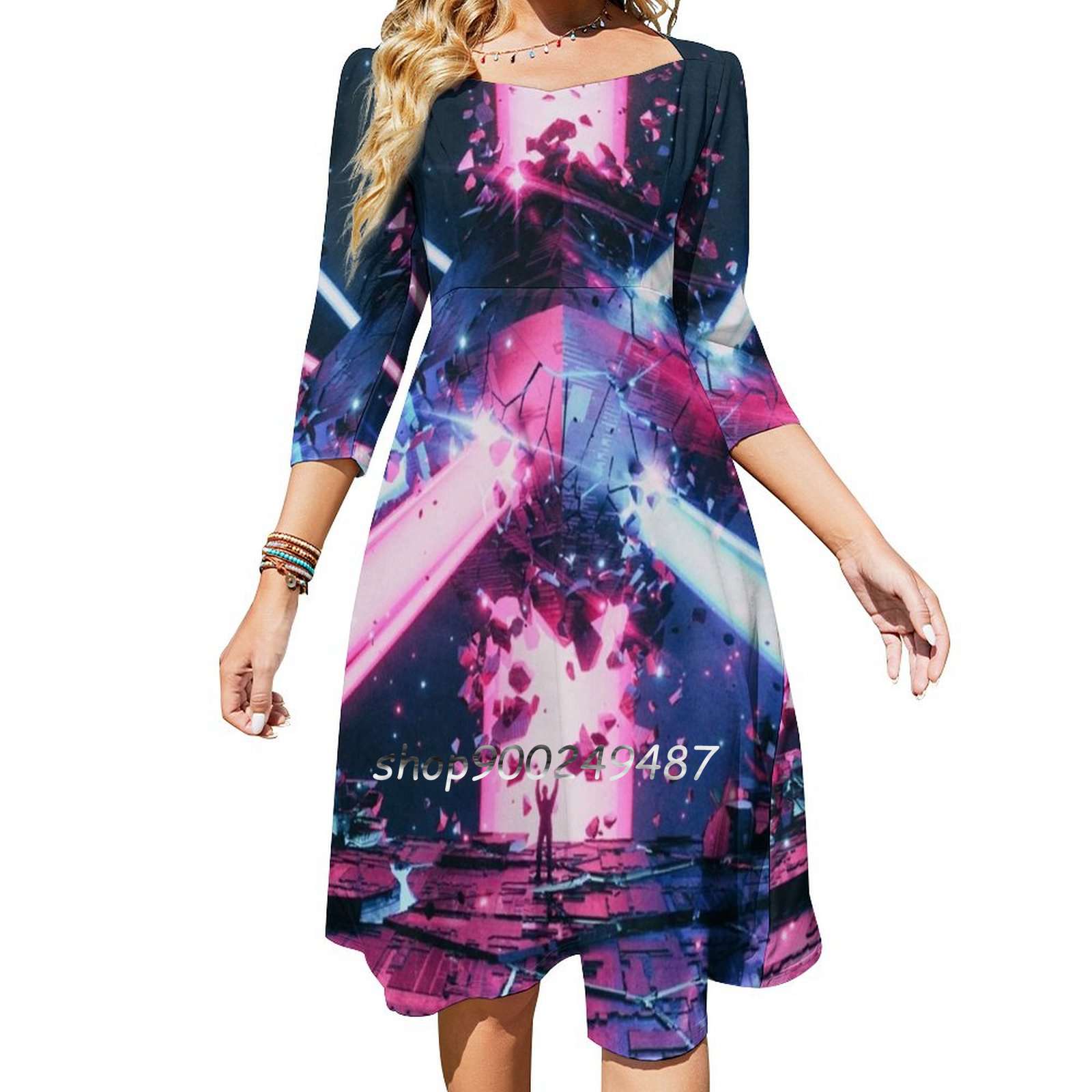 Hellstar Flare Dress Square Neck Dress Elegant Female Fashion Printed ...