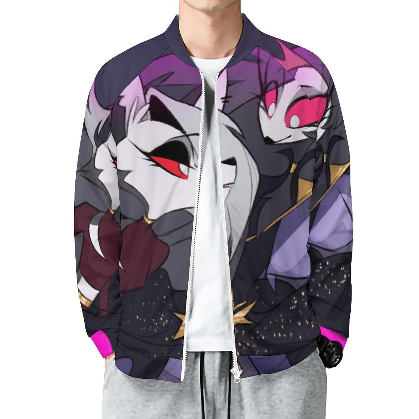 Helluva Boss Cartoon Men's Jacket Windbreaker Coat Round Neck Zipper ...