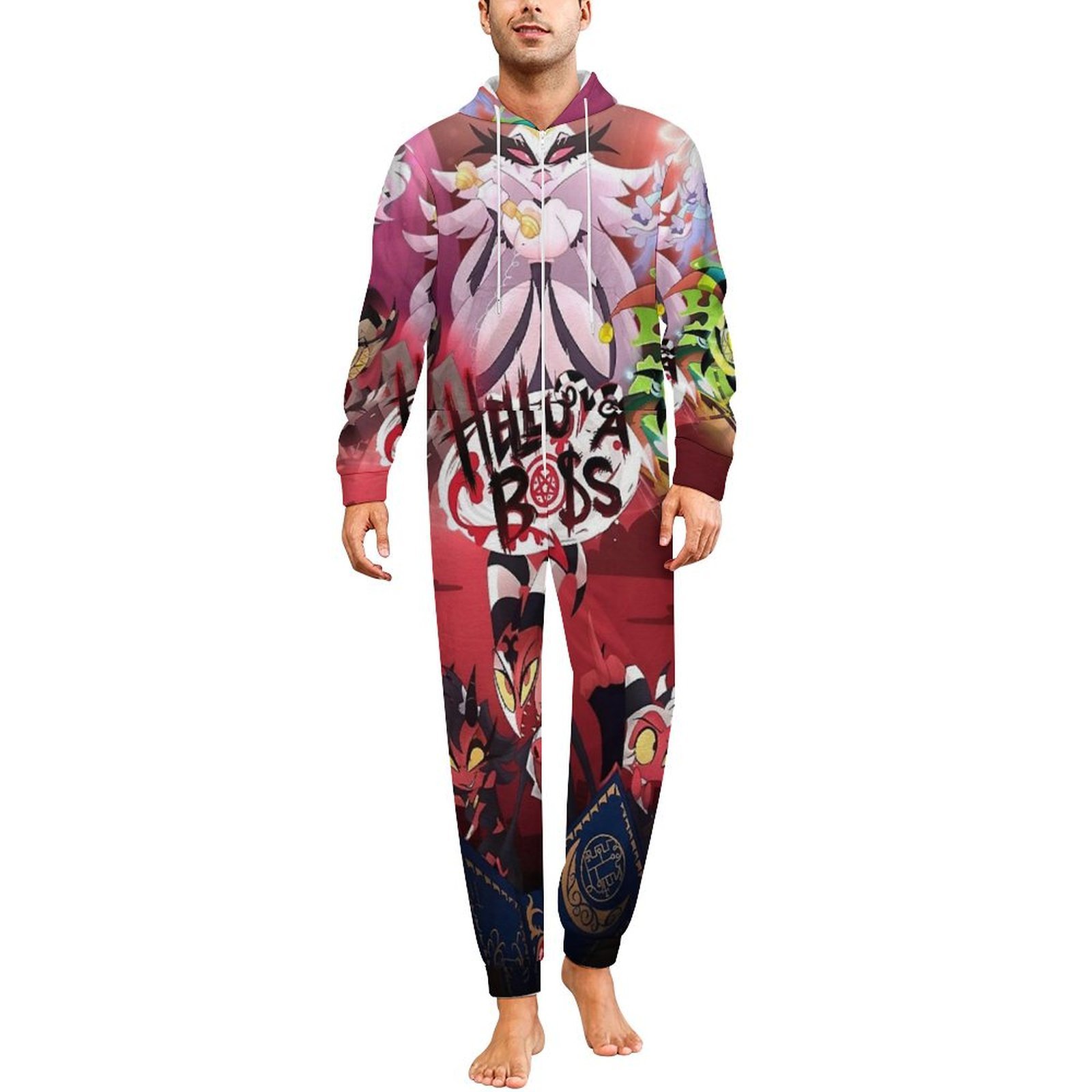Helluva Boss Men's Hooded Jumpsuit - Zip Up One Piece Pajamas Soft Cozy ...