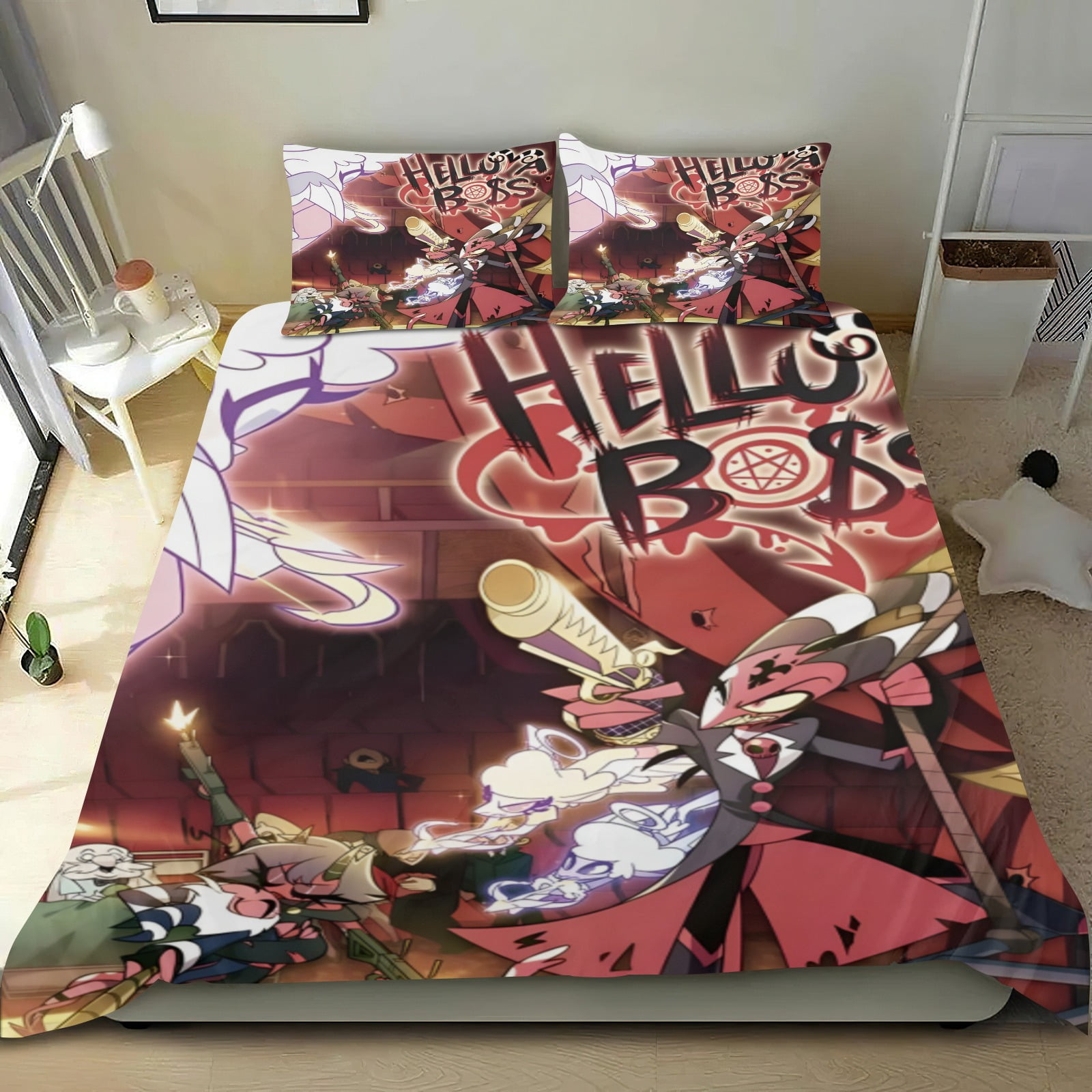 Helluva Boss thin bedding set has an iconic print, includes a fitted sheet, duvet cover, and ...