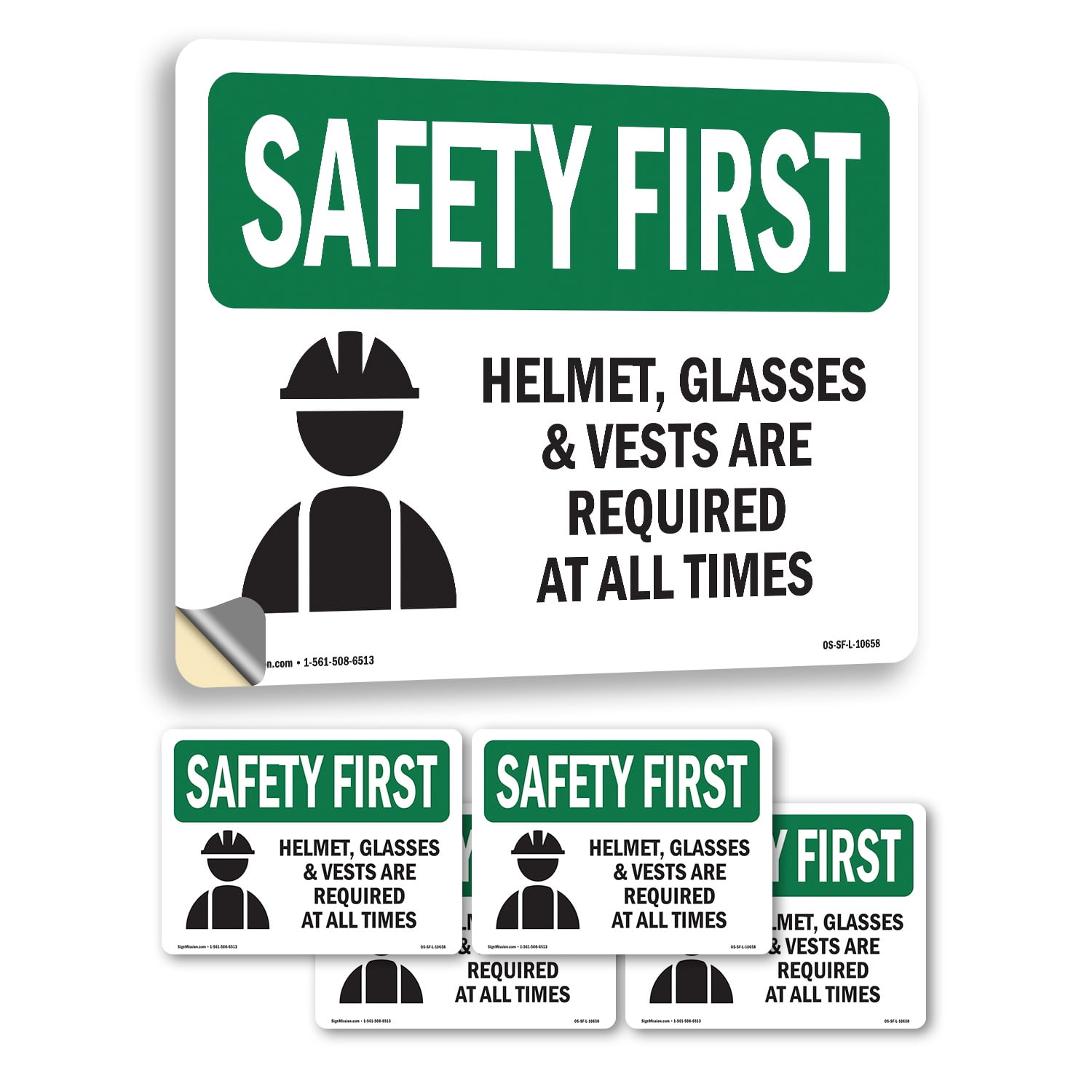 Helmet Glasses & Vests Are With Symbol OSHA SAFETY FIRST Vinyl Decal ...