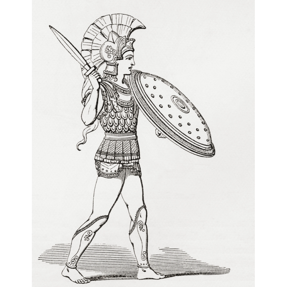 Helmeted Greek warrior wearing greaves and armour holding a Clipeus ...