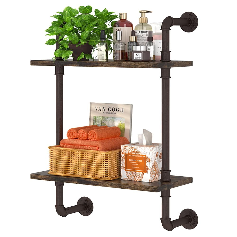 Helsin 2 Tier Industrial Pipe Floating Bathroom Shelves, 16inch Rustic ...