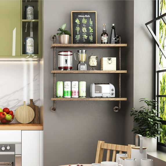 Helsin 3 Tier Industrial Pipe Shelf Rustic Wood Floating Shelves,Wall ...