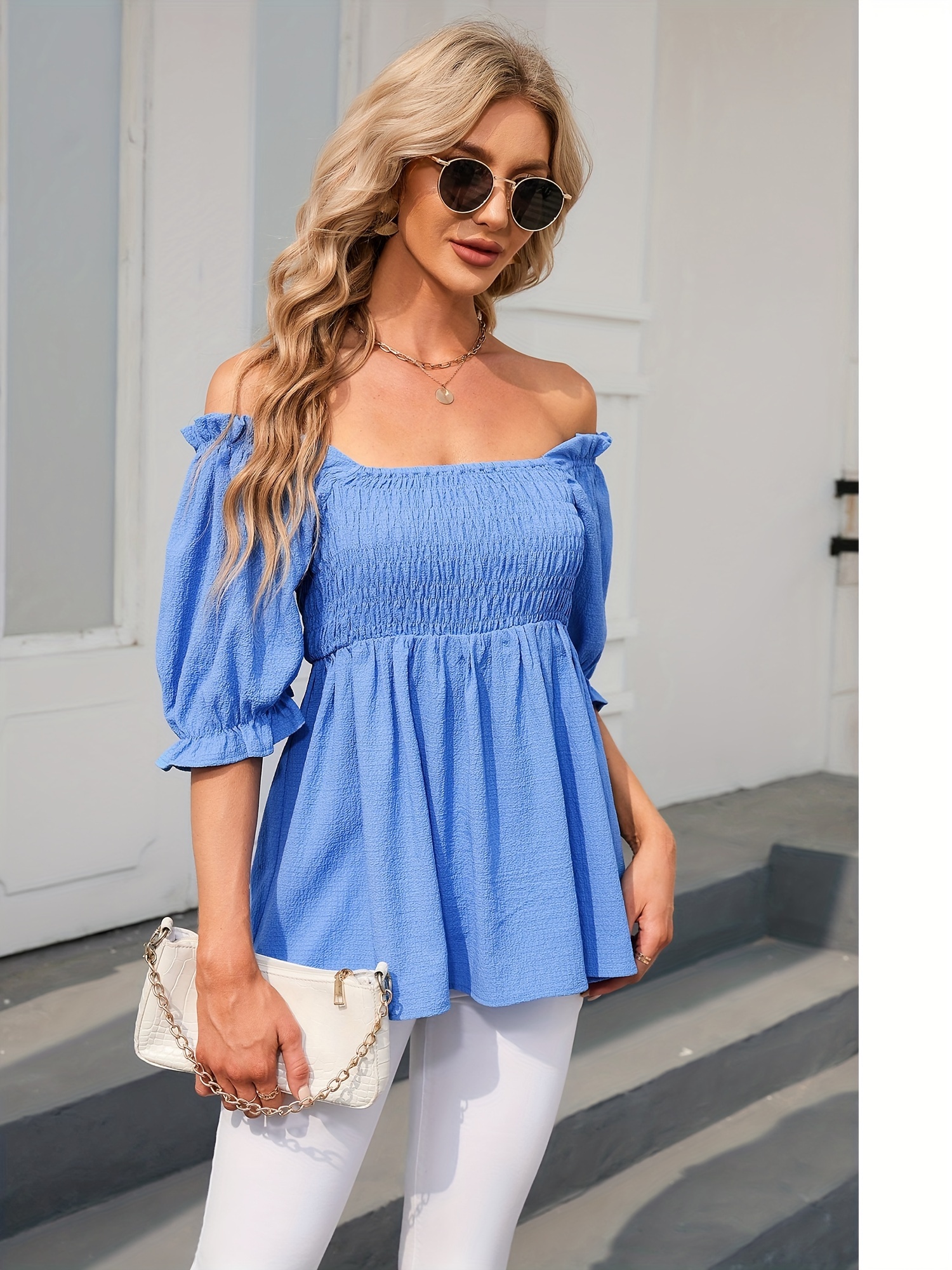 Hem Shirred Square Neck Blouse, Elegant Puff Sleeve Solid Color Blouse ...