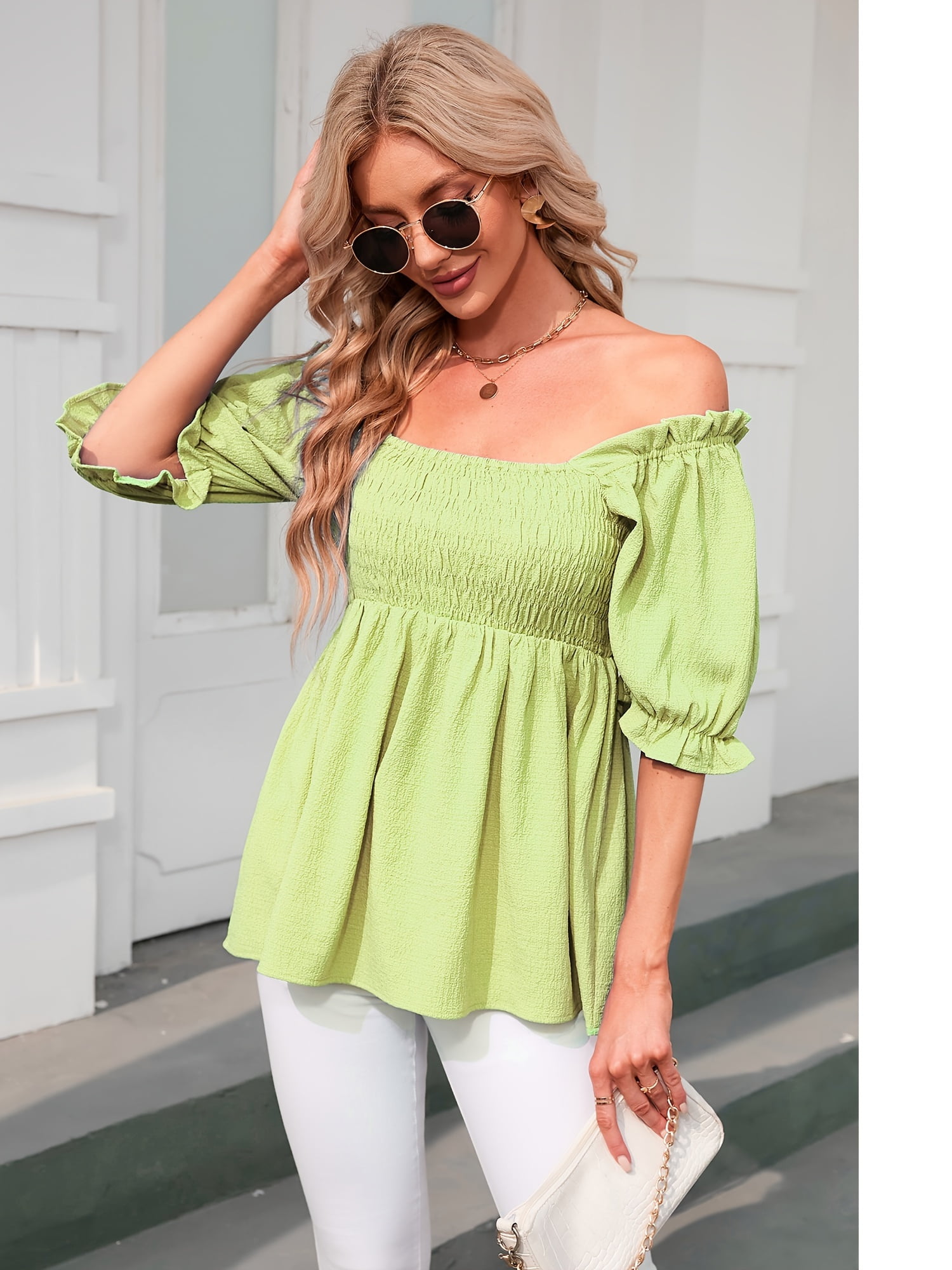 Hem Shirred Square Neck Blouse, Elegant Puff Sleeve Solid Color Blouse ...