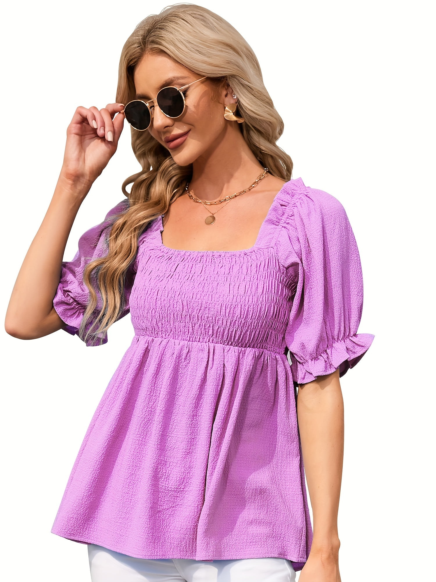 Hem Shirred Square Neck Blouse, Elegant Puff Sleeve Solid Color Blouse ...