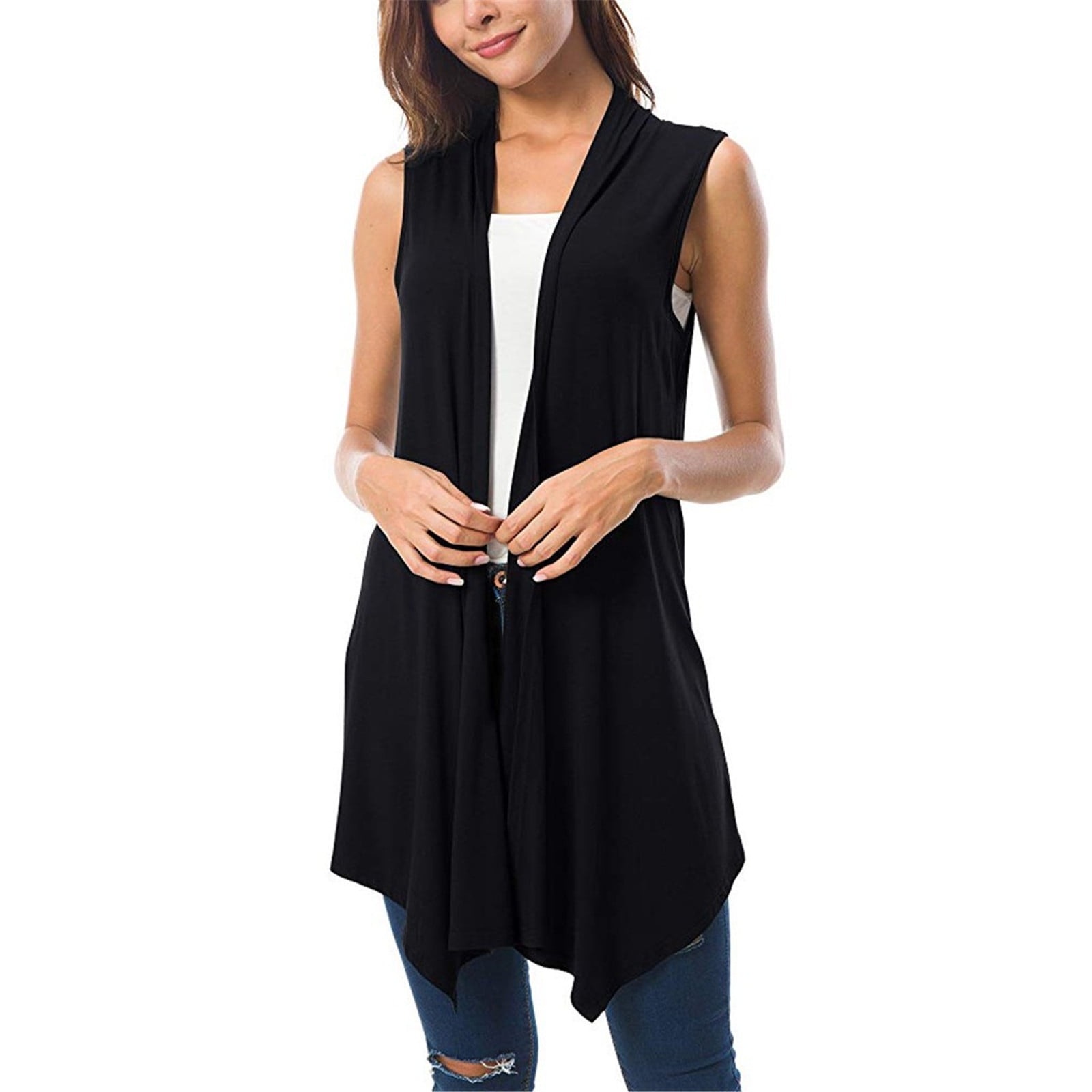 Hem Vest Asymmetric Women Sleeveless Cardigan Open Front Draped Blouse ...