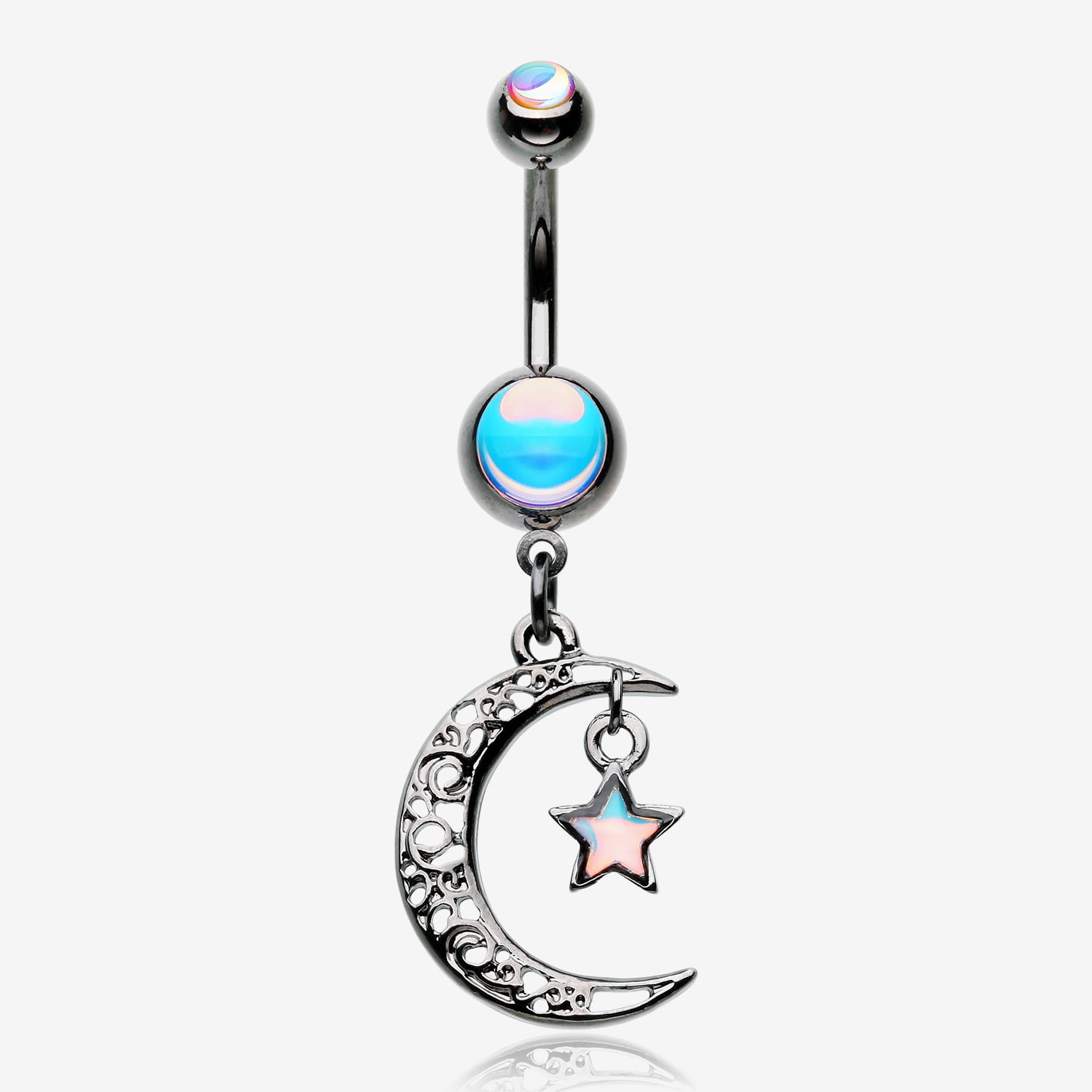 Hematite Crescent Filigree Moon Star Sparkle Belly Button Ring-Hematite ...