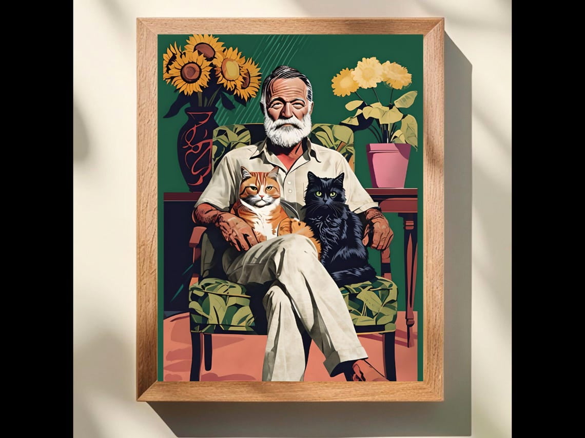 Hemingway Cats Wall Art, Colorful Ernest Hemingway With Polydactyl Cats ...
