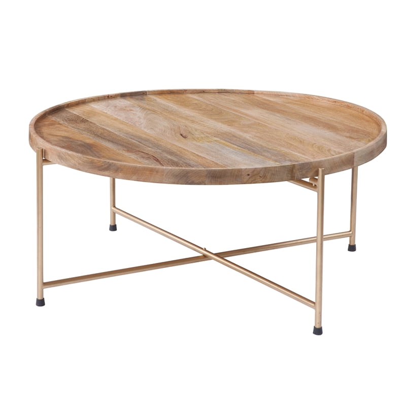 Hemingway Natural Solid Wood and Gold Metal Round Tray Top Coffee Table ...