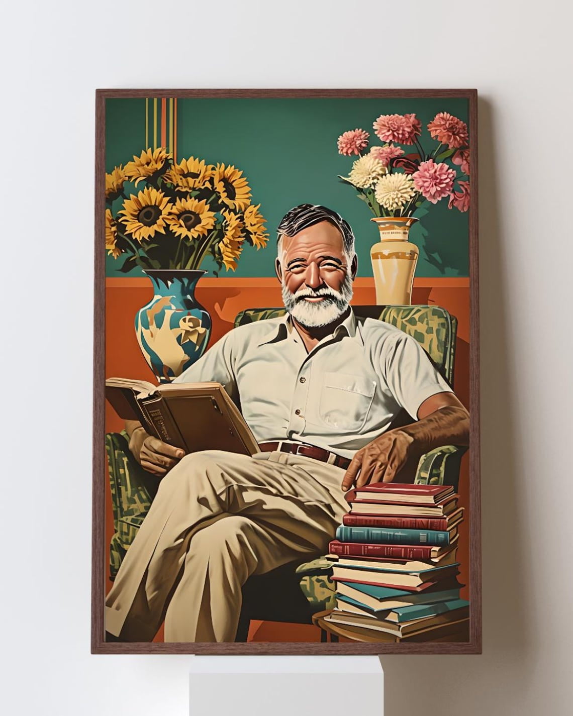 Hemingway Reading A Book Retro Wall Art, Vintage Book Lover Poster For ...