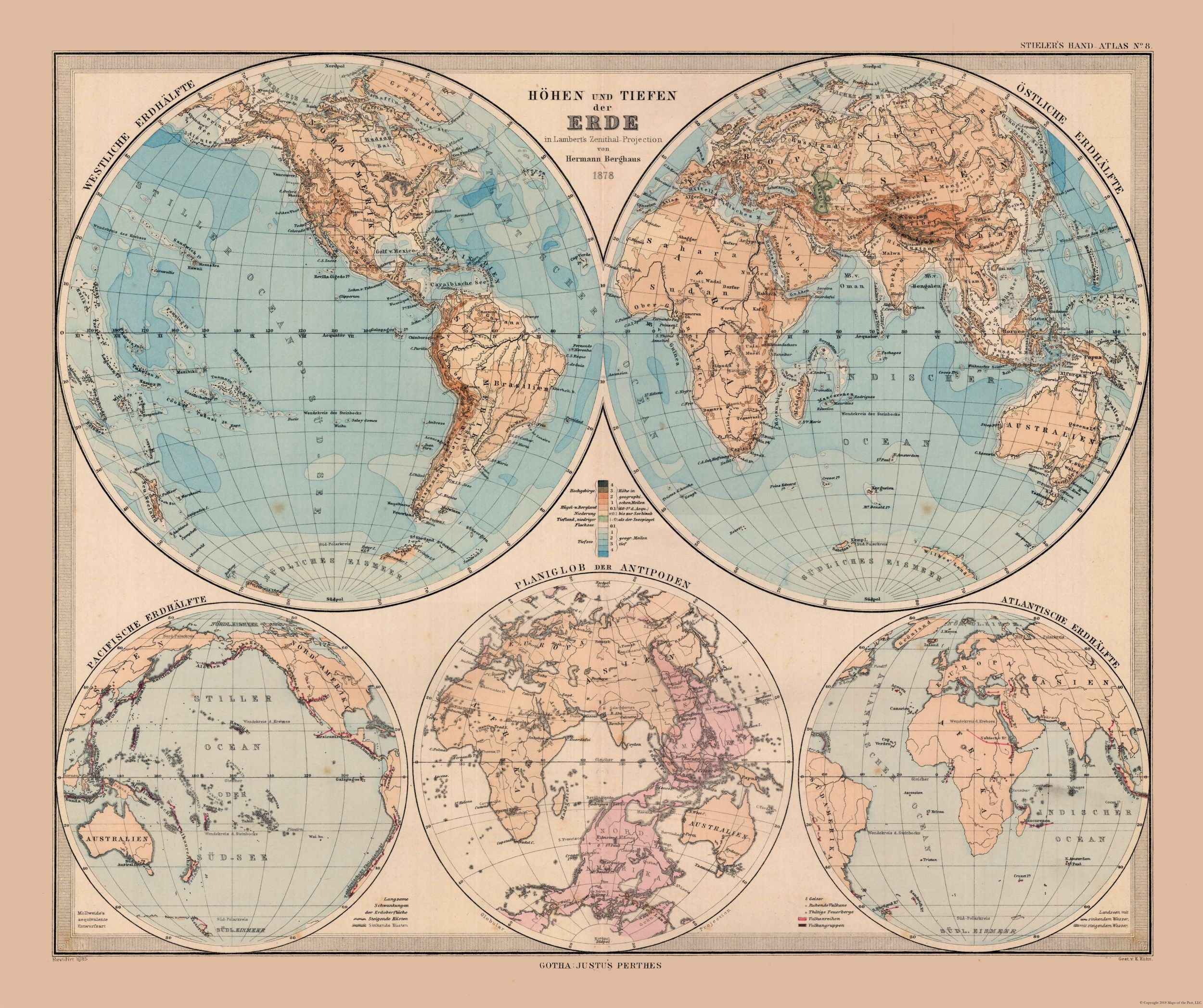 Historic Map - Hemispheres of Earth - Stieler 1885 - 27.45 x 23 ...