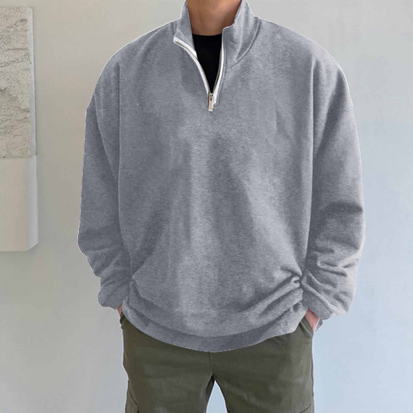 Hemlock Gray Mens Sweatshirts Loose Fit Solid Color Zip-Up Pullover ...