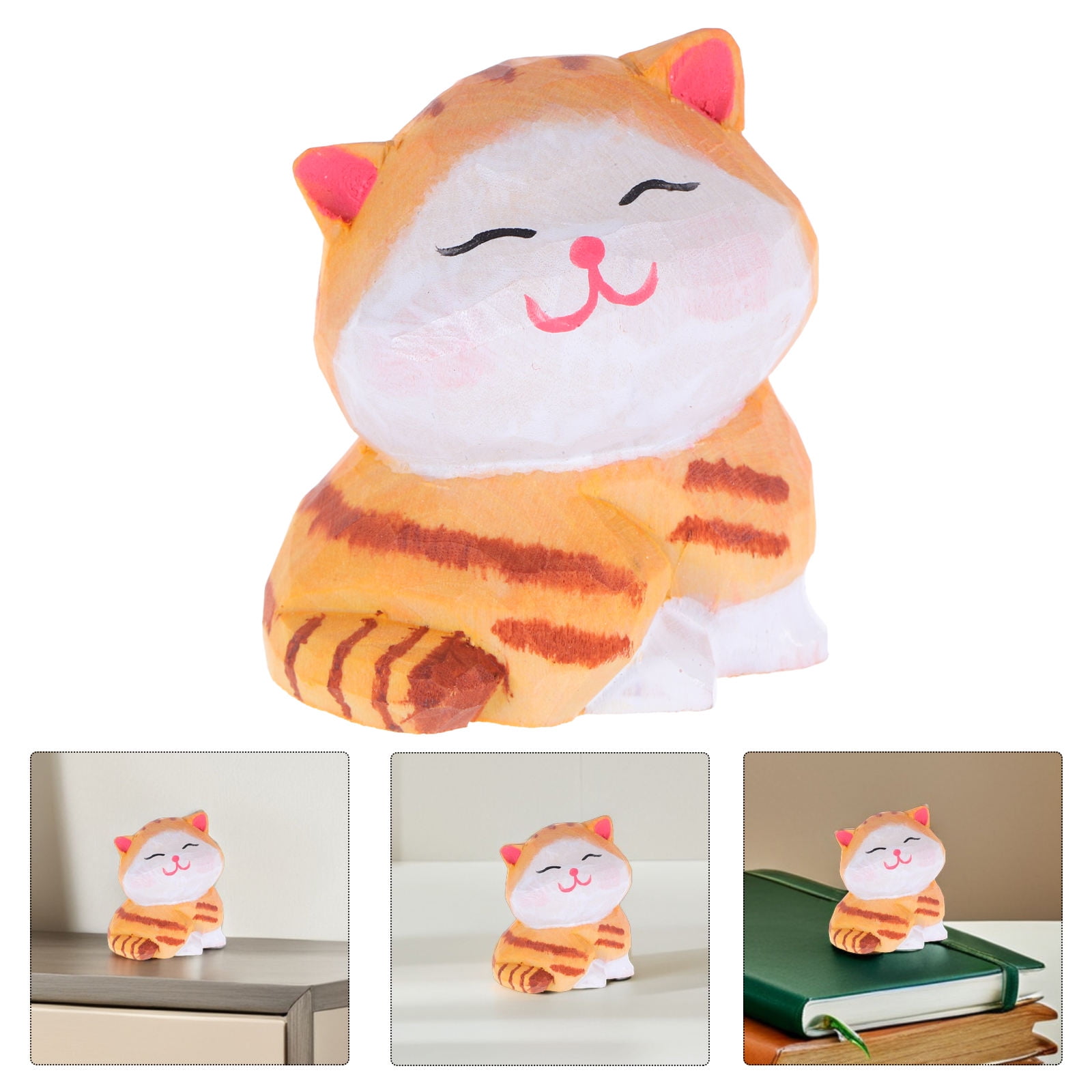 Hemobllo Cute Cat Figurine Solid Wood Handcrafted Orange for Decoration ...