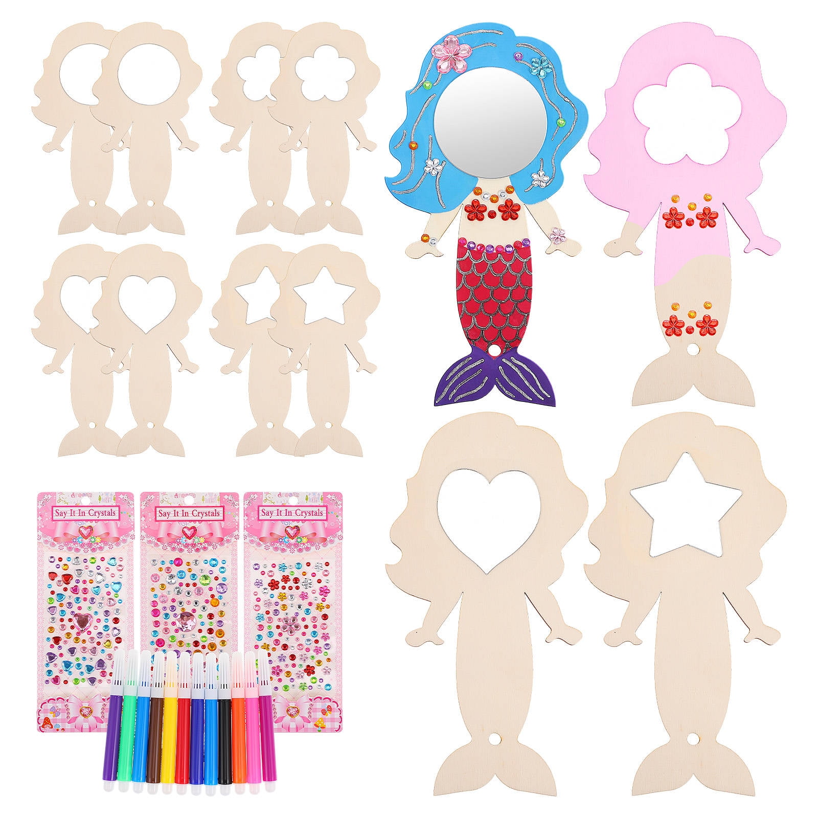 Hemoton 1 Set Mermaid Handheld Mirror Diy Kit Wooden Craft Mirrors ...