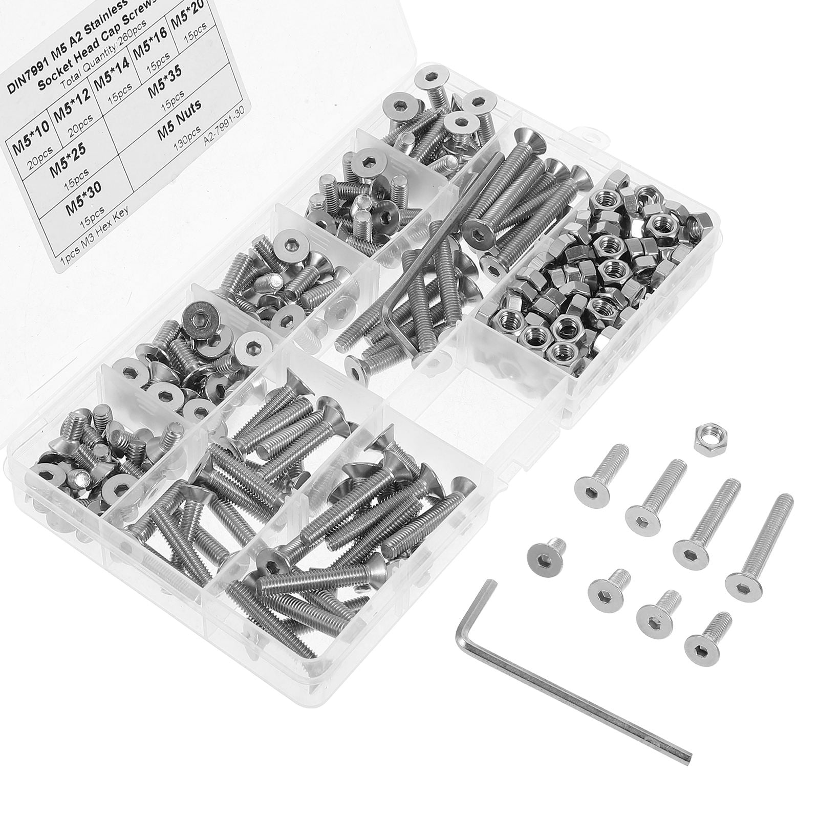 Hemoton 260pcs Hex Socket Countersunk Bolts And Nuts Assortment Kit M5 ...