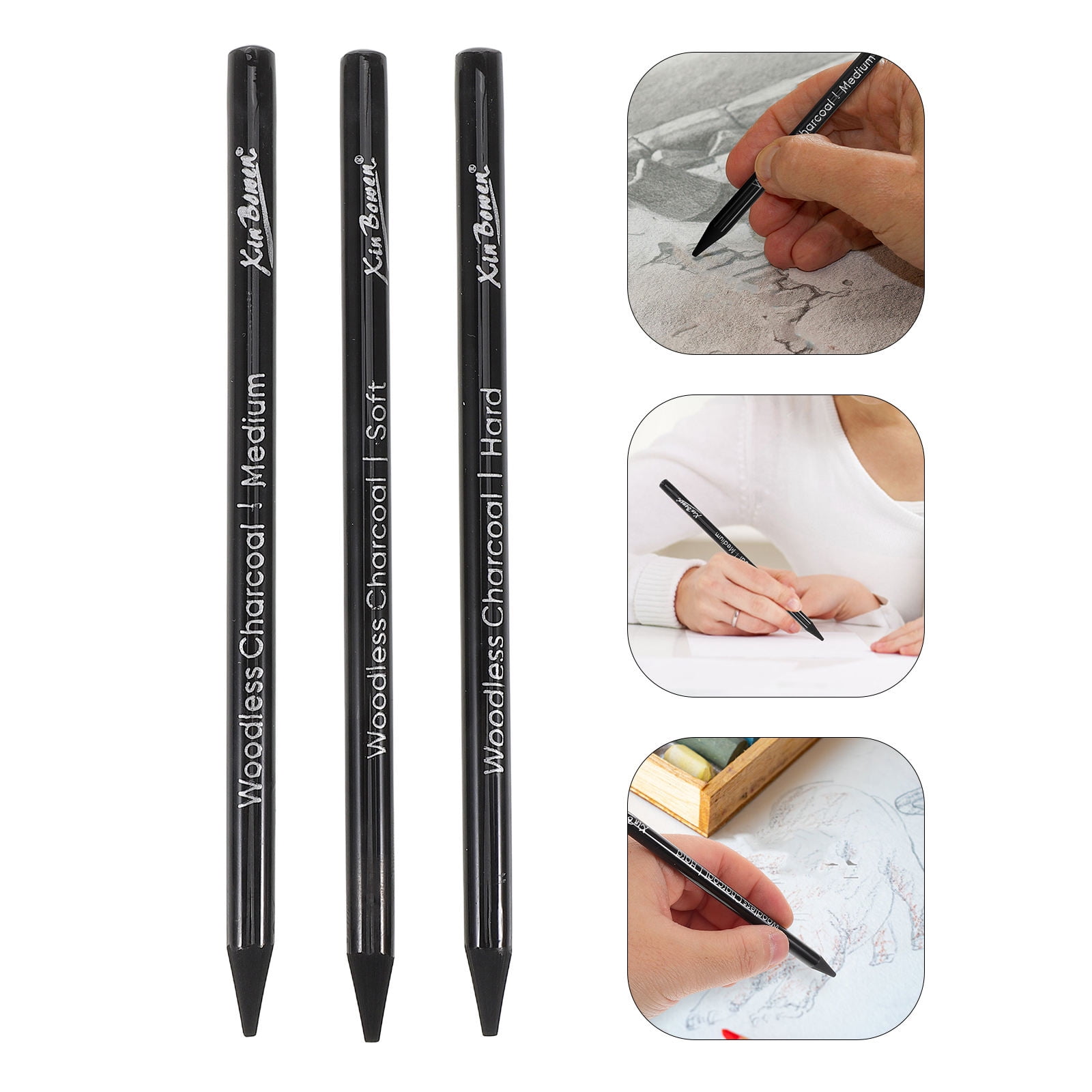 HEMOTON Set of 3 Black Drawing Pencils for Sketching with Soft, Medium ...