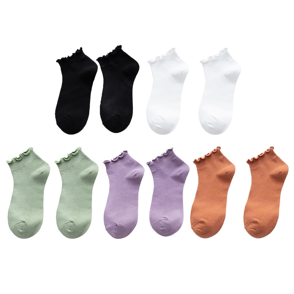 Hemoton 5 Pairs Woman Ruffle Turn-Cuff Ankle Crew Low Cut Cotton Socks ...