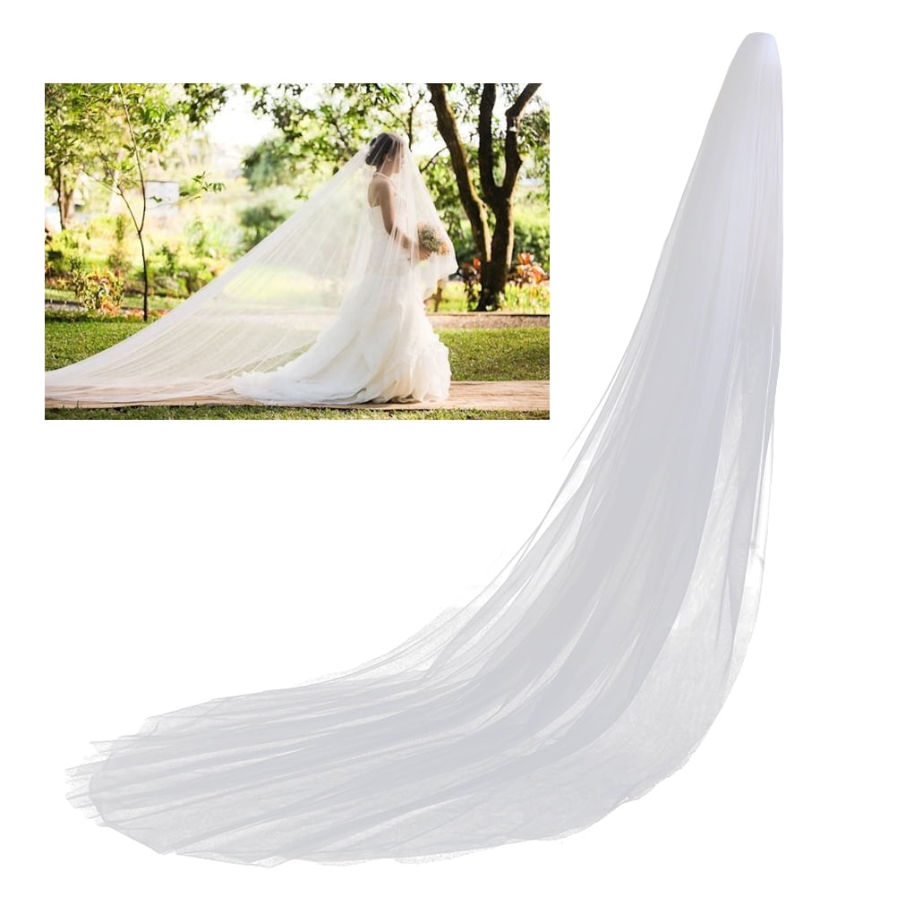 Hemoton Long Wedding Veil Single Layer Tulle Cathedral Chapel Floor ...