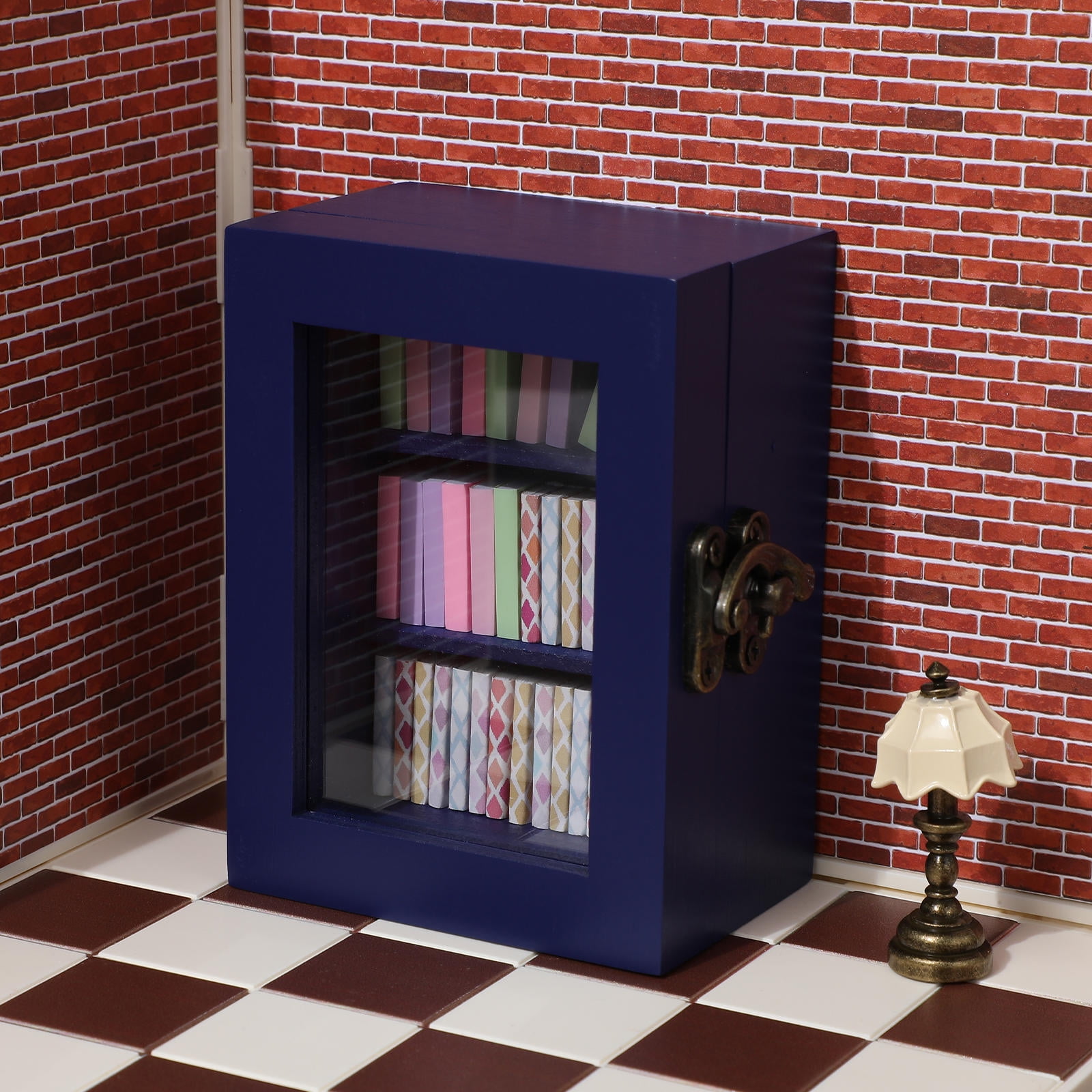 HEMOTON Blue Miniature Wood Bookshelf with Functional Door for ...