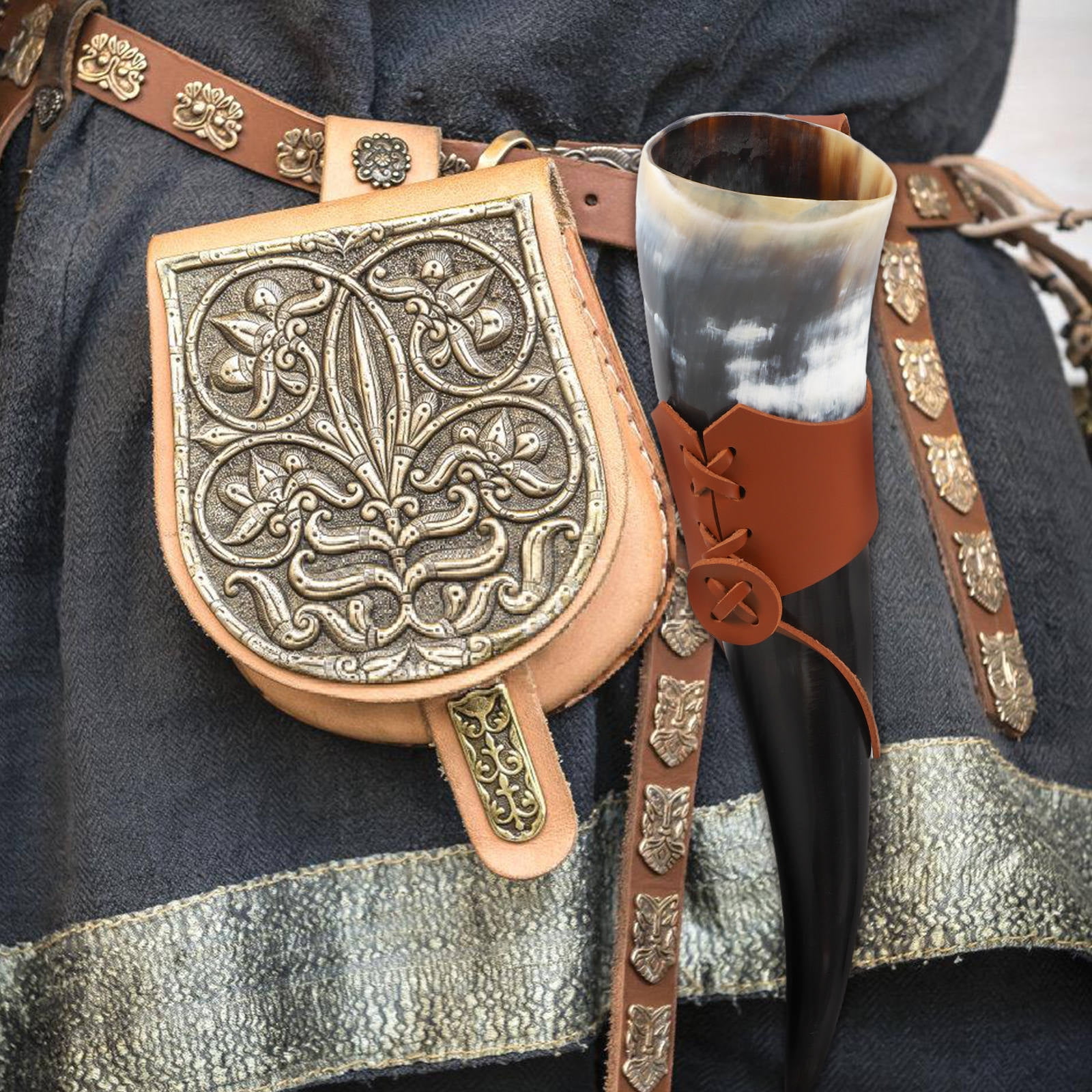 Hemoton Rustic Drinking Horns with PU Holder Medieval Wine Mug Viking ...