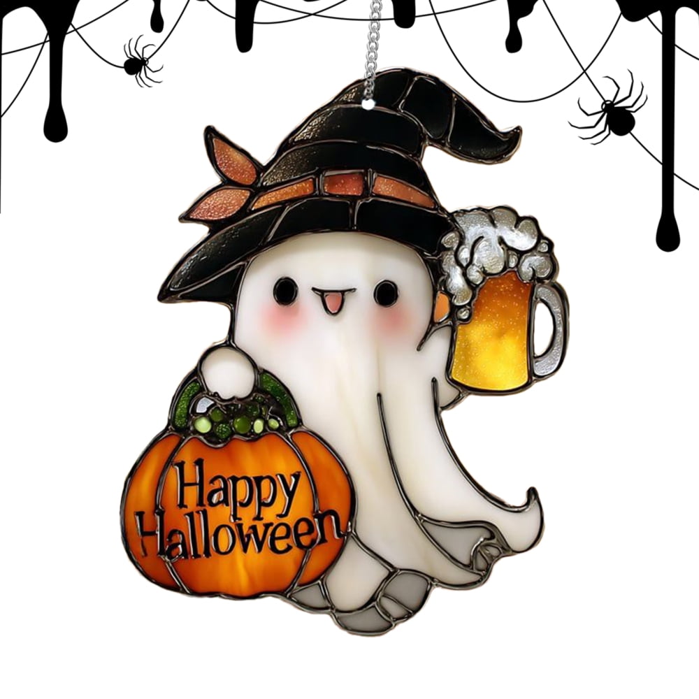 Hemousy Ghost Stained Glass Halloween Tree Ornaments 2D Cute Spooky Pendant Sun Catcher for ...