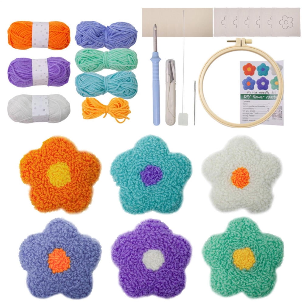 Hemousy Punch Stitching Kit 6 Flowers Yarn Punch Coaster Kit Coaster ...