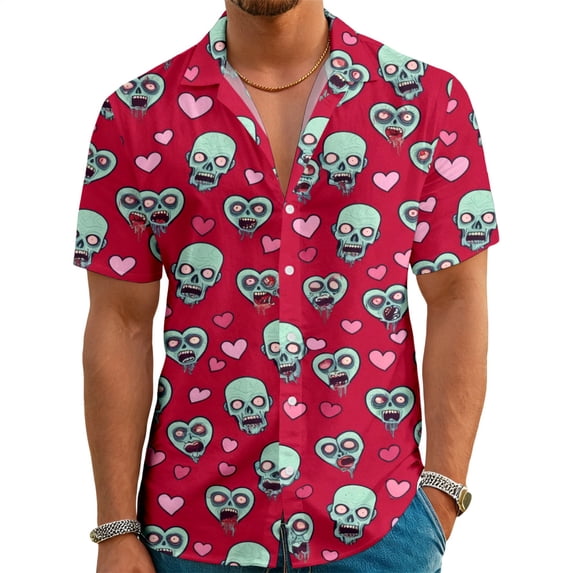 Hemousy Valentine Shirt Men Skull Print Short Sleeve Button Down ...