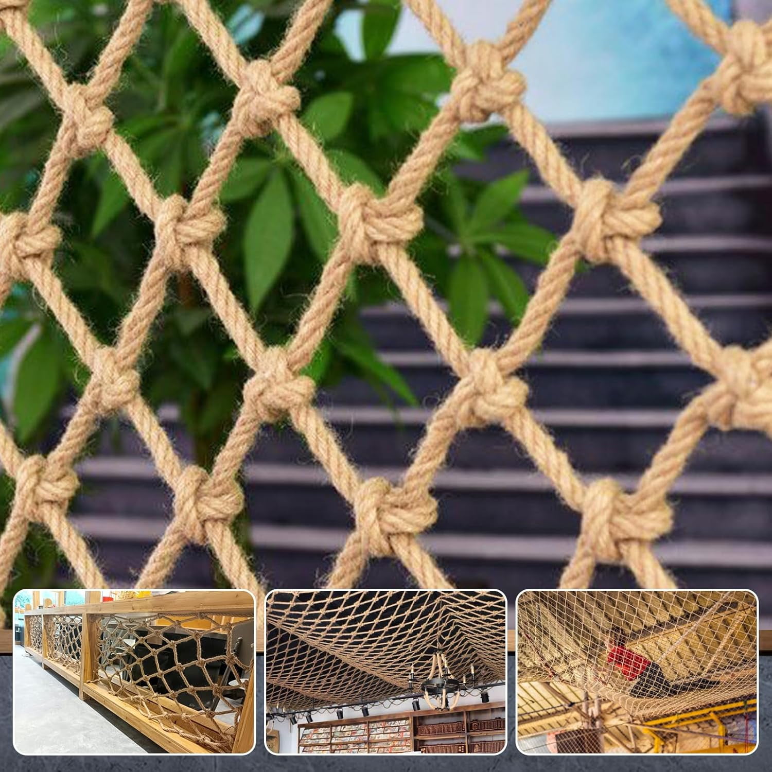 Hemp Rope Climbing Net, 3.3' X 6.5', Kids Safety Net, Stairs Balcony ...