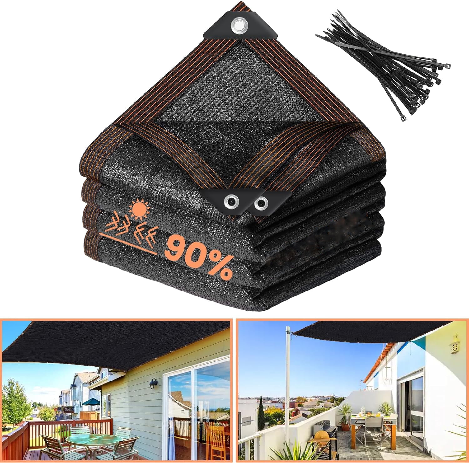 Hemvt 90% Sunblock Shade Cloth Heavy Duty UV Resistant Mesh Tarp, Black ...