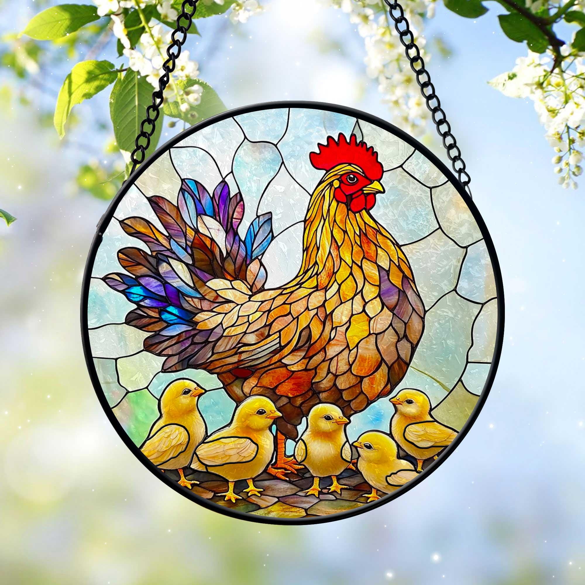 Hen And Chicks Faux Stain Glass Suncatcher, Chicken and Chicks Ornament ...