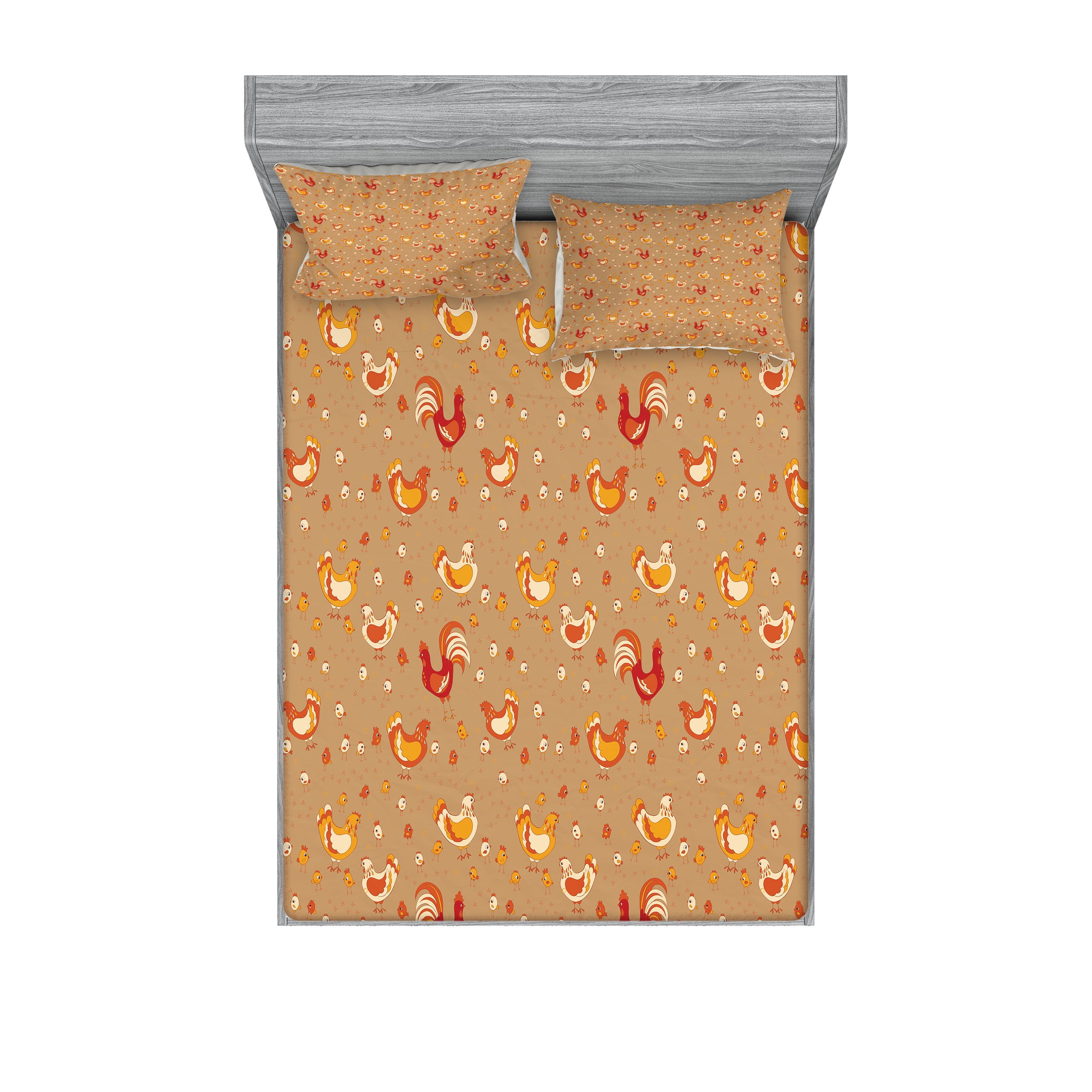 Hen and Chicks Fitted Sheet & Pillow Sham Set, Doodle Pattern of ...
