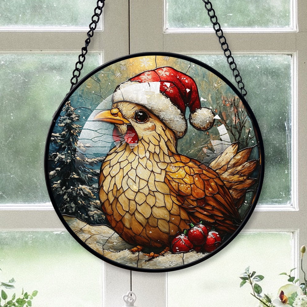 Hen Ornament Christmas 2025, Hen Stained Glass Hanging Window ...